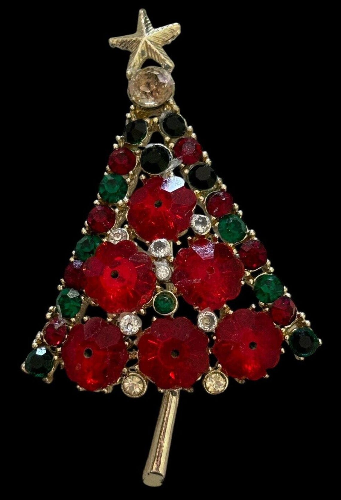 Vintage Beauty Silver Tone Red Green Clear Rhinestone Christmas Tree ...