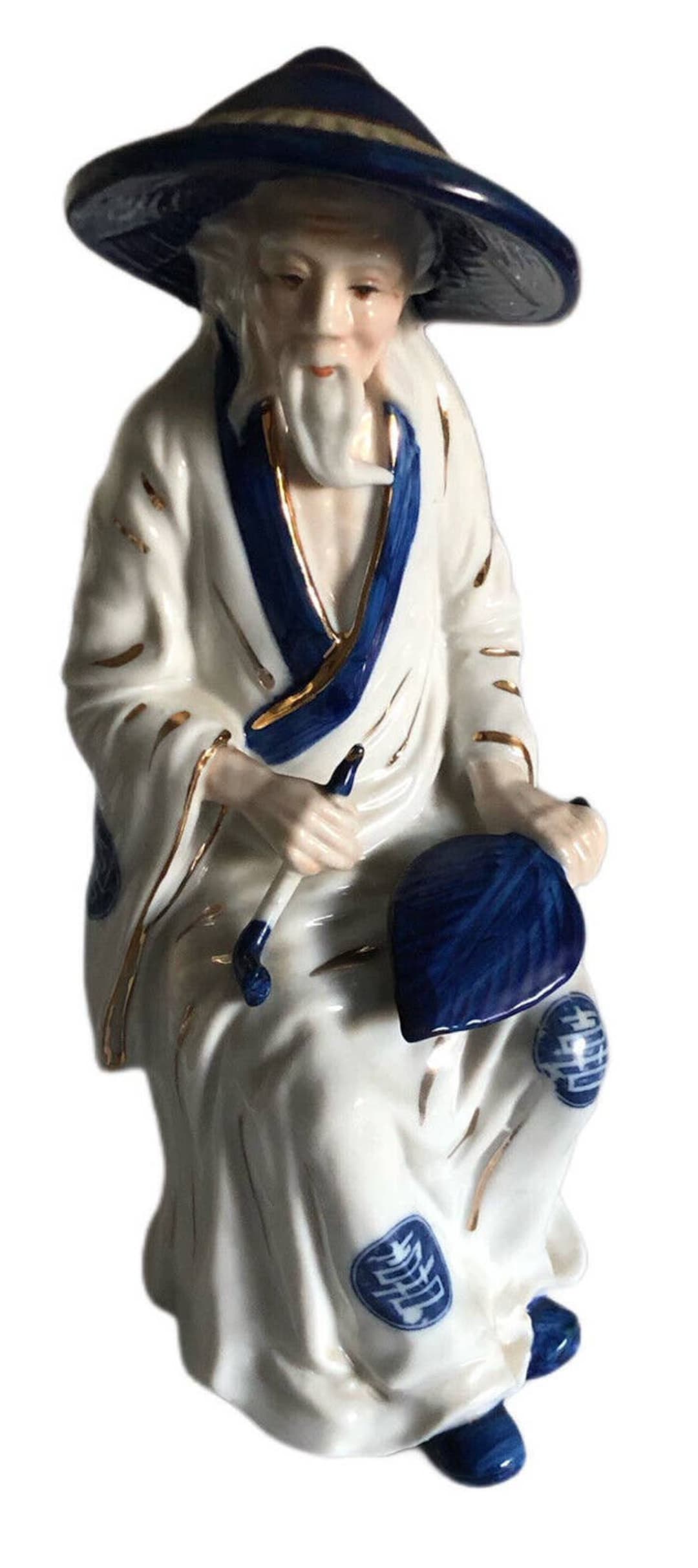 Vintage Japanese Porcelain Figure Blue White Gold Pipe Leaf Fan Sitting ...