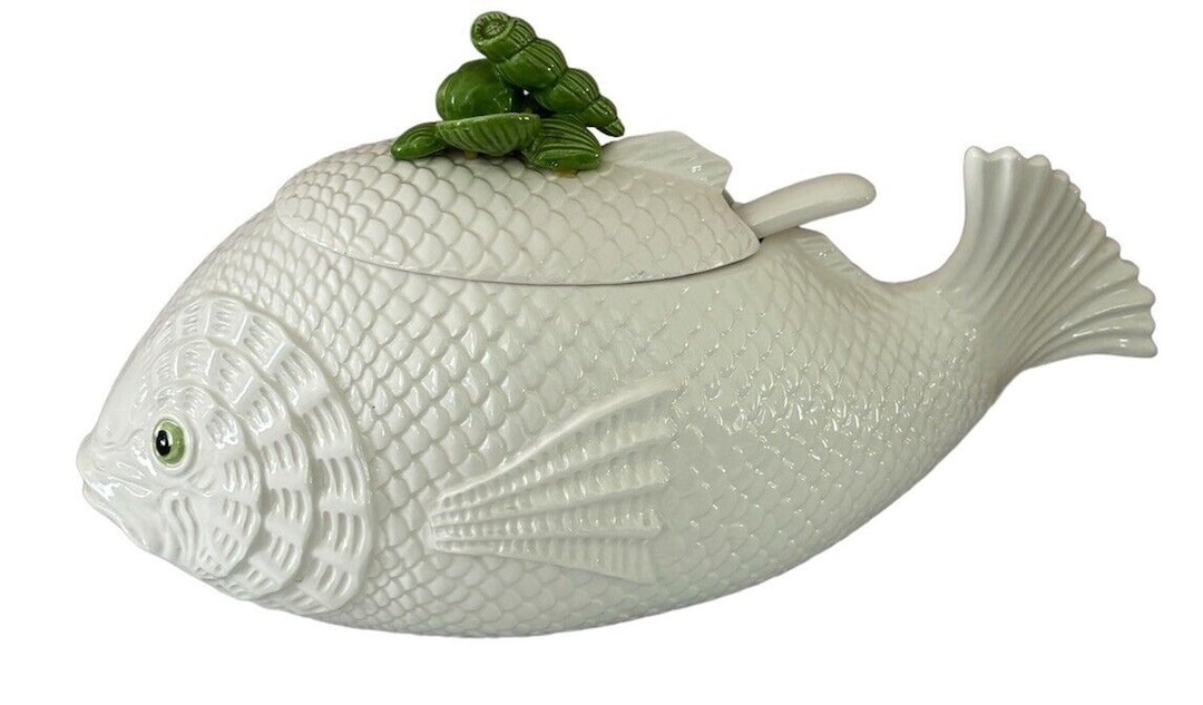 Fitz Floyd Green Ivory Ceramic Fish Seashells Soup Tureen Lid Ladle - Etsy