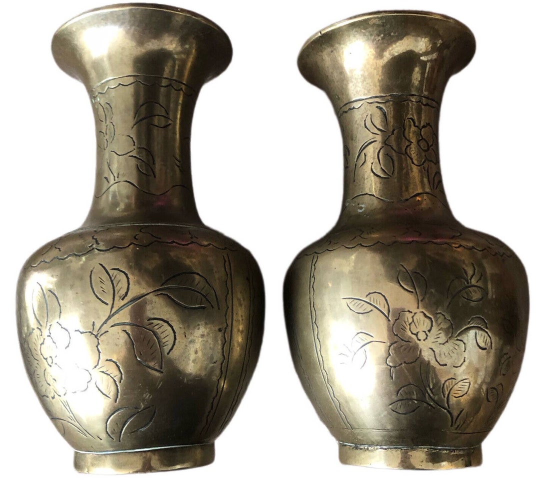 Vintage Pair of Chinese Brass Vase 7.5 Inch Birds & Flowers - Etsy