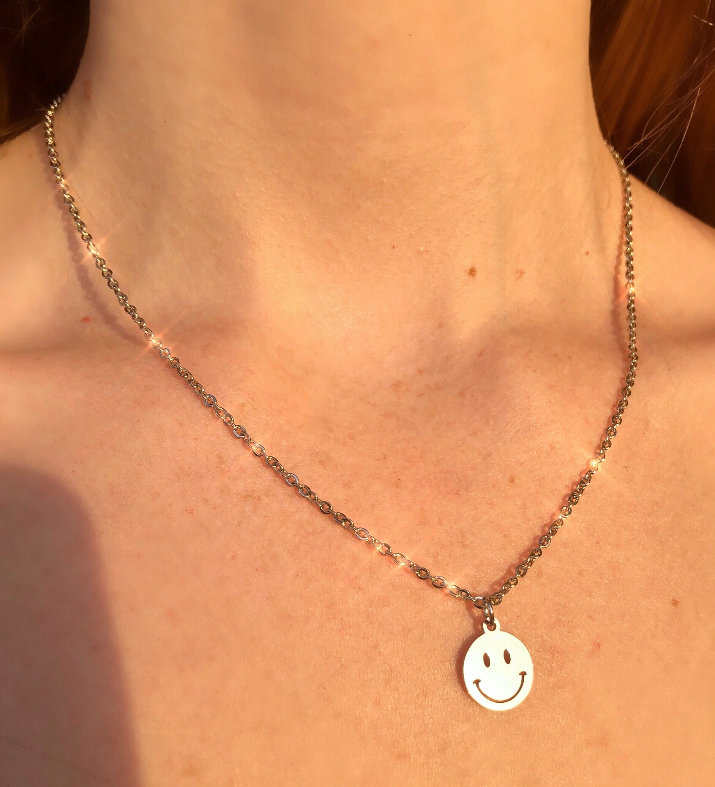 Stainless Steel Smiley Face Charm Necklace Delicate Thin | Etsy
