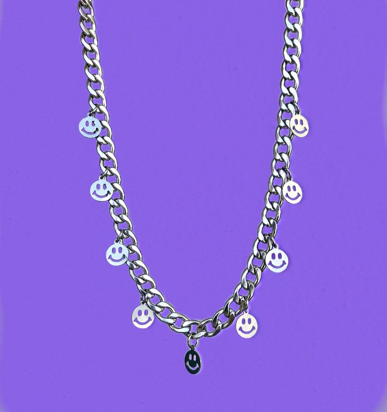 Smiley Face 100% Stainless Steel Curb Chain Necklace Unisex | Etsy