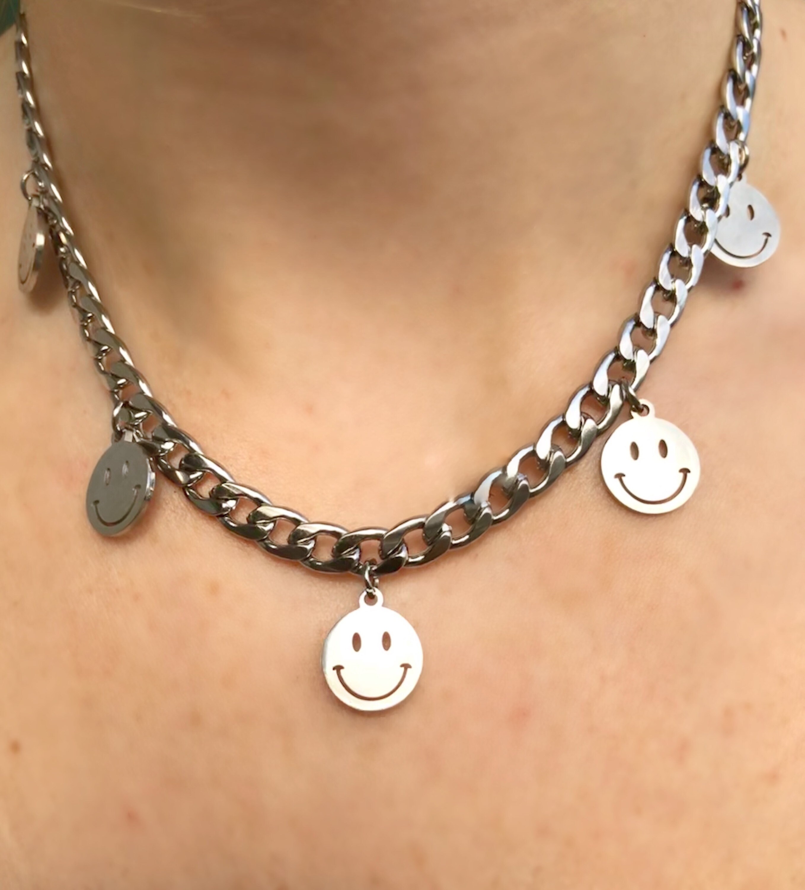Pure Stainless Steel Smiley Face Charm Necklace on Thick Curb - Etsy