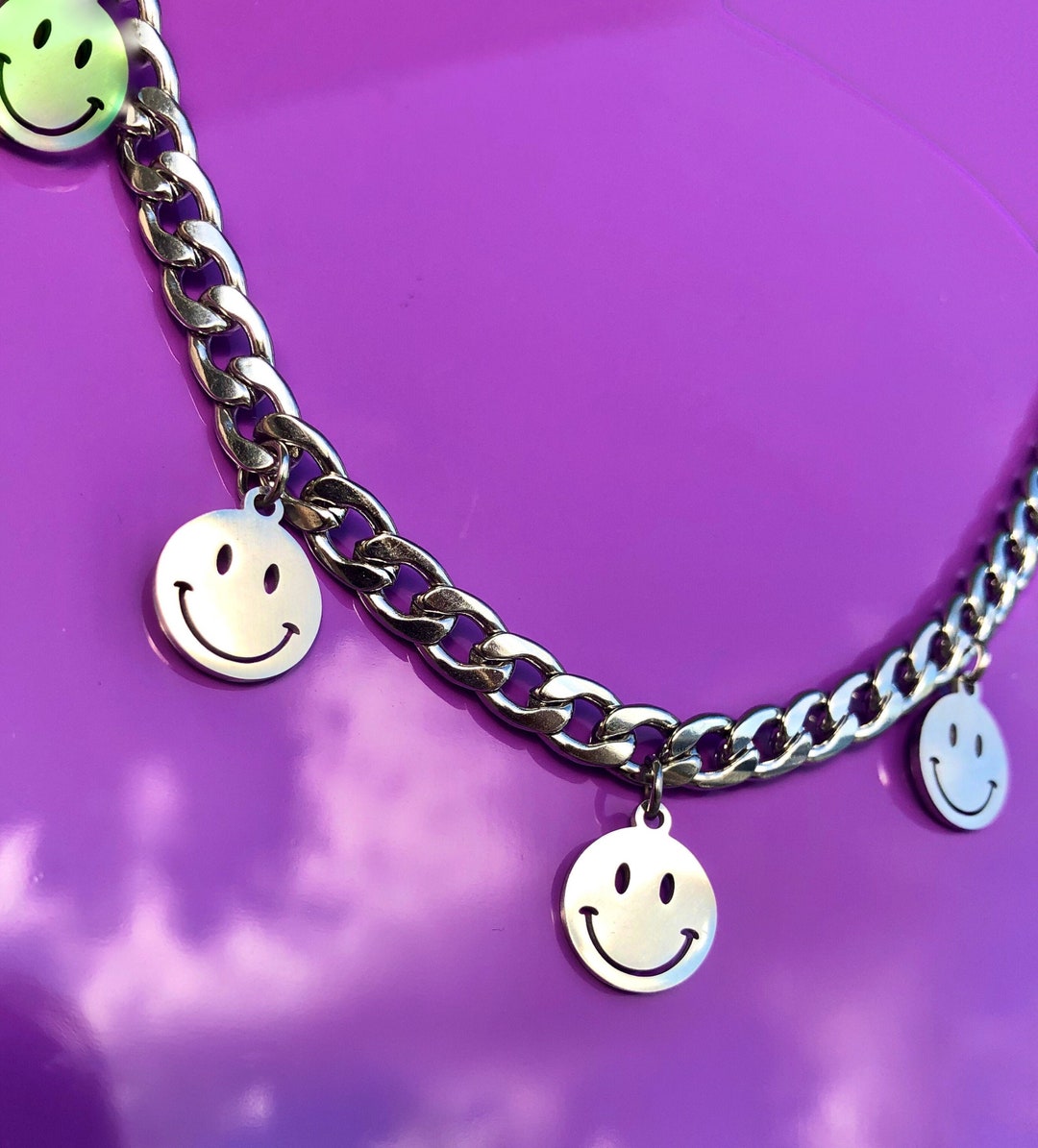 Pure Stainless Steel Smiley Face Charm Necklace on Thick Curb Chain ...
