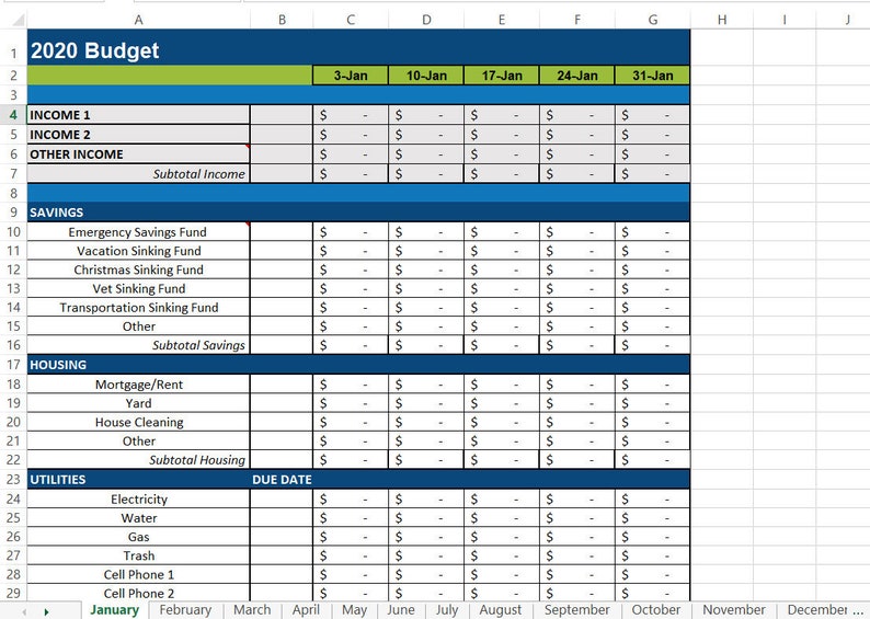 12 Month Budget Spreadsheet Etsy
