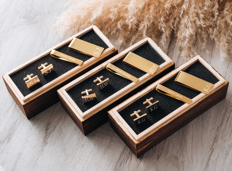 Groomsmen Gifts Box Set Custom Engraved Cuff Links Money - Etsy