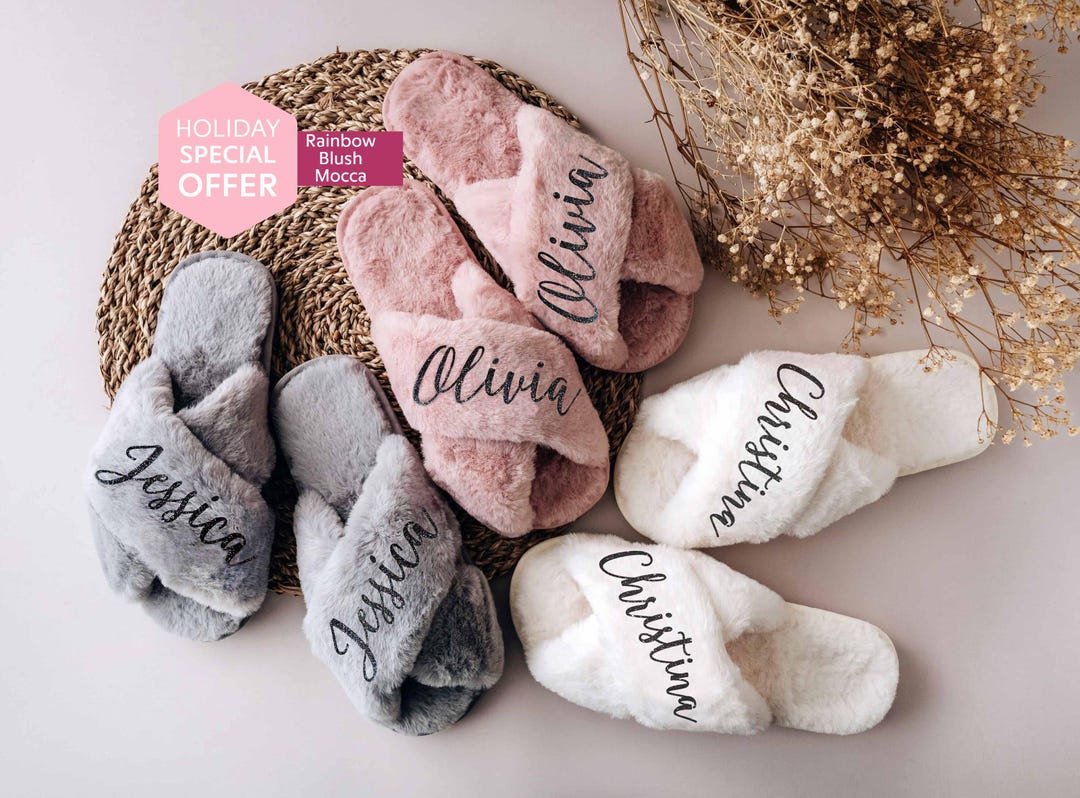 Custom Name Fluffy Slippers, Personalized Gift for Bridesmaid, Birthday ...
