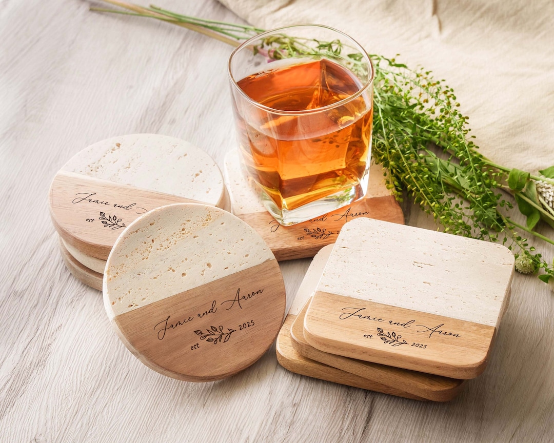 Personalized Travertine Wood Coasters, Custom Engraved Coaster Set ...