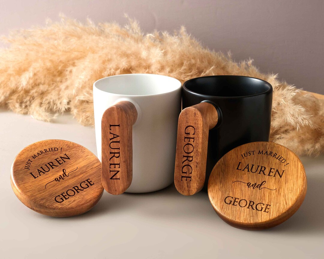 Personalized Couple Mug Newlywed Gift Ceramic Cup With Wood Handle ...