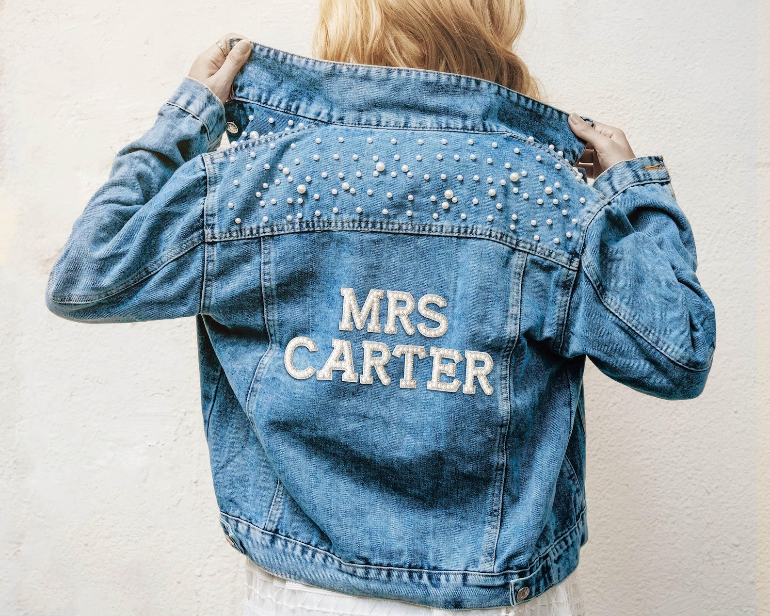 Custom Pearl Jean Jacket With Rhinestone Pearl Letters: Denim Jacke for ...