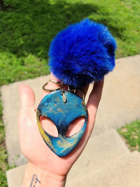 Space Alien Key Chain With Fur Pom Alien Head | Etsy