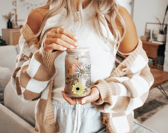 Fall Floral Glass Can Cup, Iced Coffee Cup, Smoothie Glass, Fall Cup ...