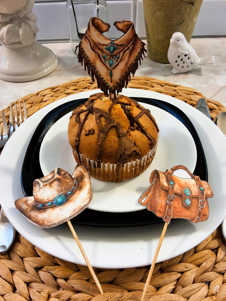 Western-themed Collection of Cupcake Toppers With Turquoise Trim, 10 ...