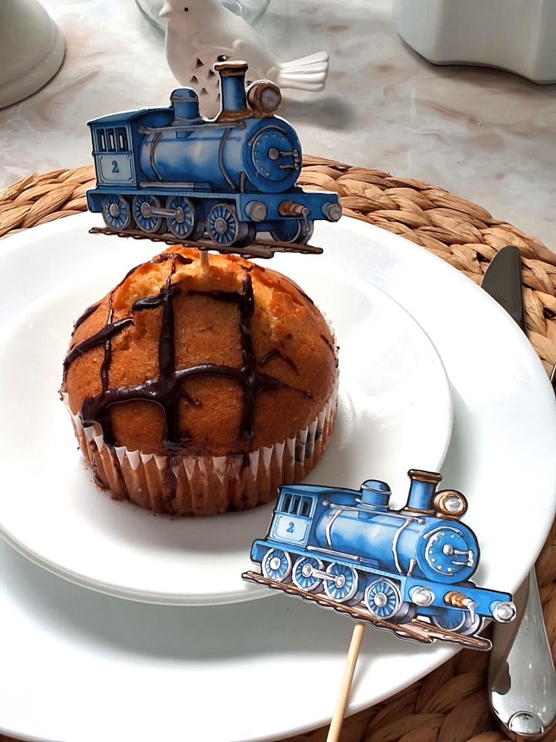 Blue Train Cupcake Toppers for Birthdays or Baby Showers, Party ...