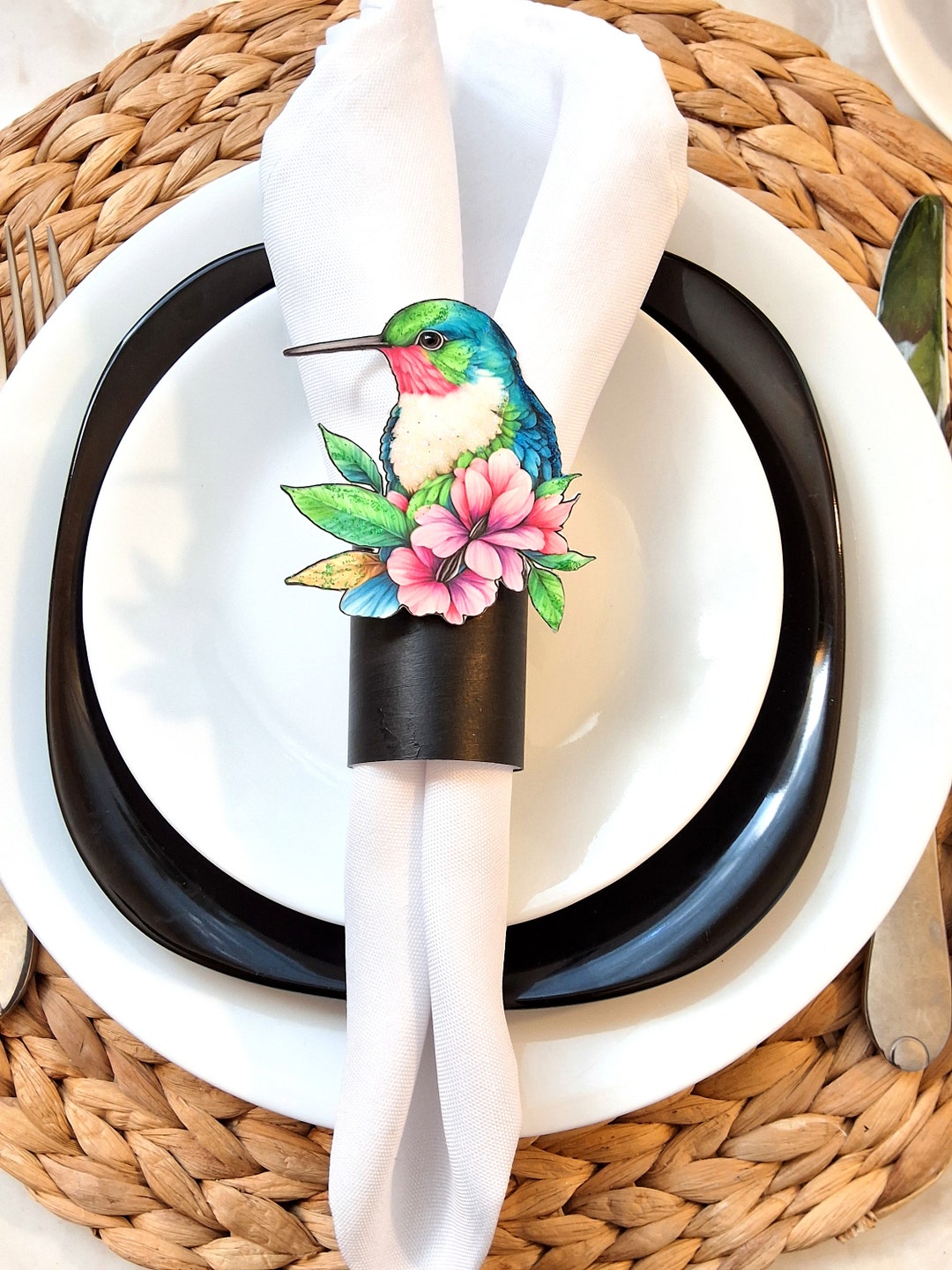 Cardstock Black Napkin Rings With Watercolor Hummingbird and Flowers ...