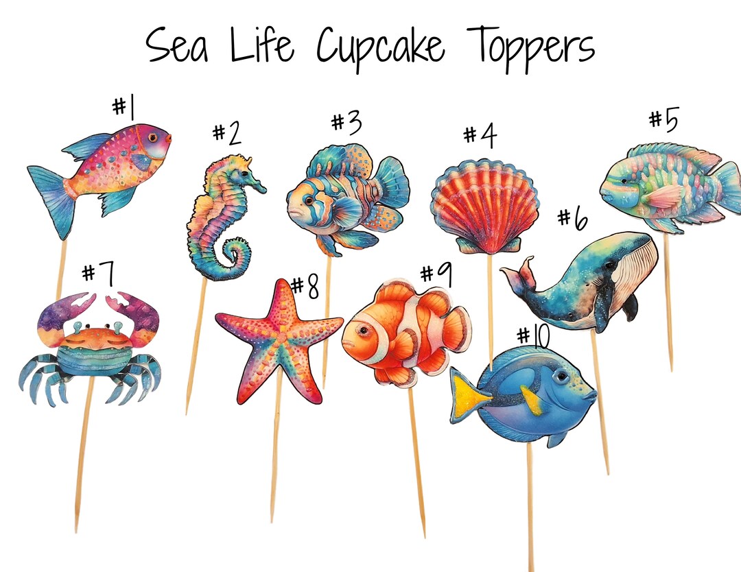 Sea Life Cupcake Toppers, Mandarin Fish, Seahorse, Clam Shell, Whale ...