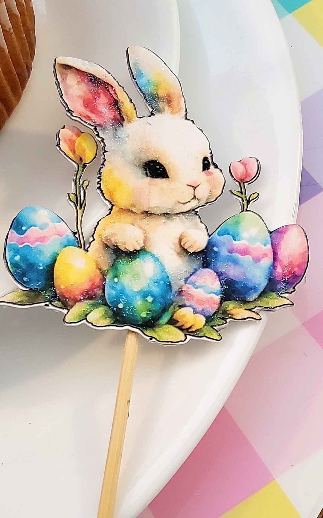 Watercolor Easter Bunny Cupcake Toppers With Light Glitter, Easter ...