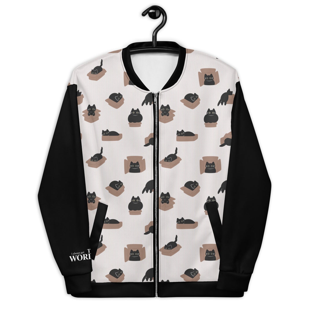 Unisex Bomber Jacket With Cats in Boxes Print With Black Sleeves and ...