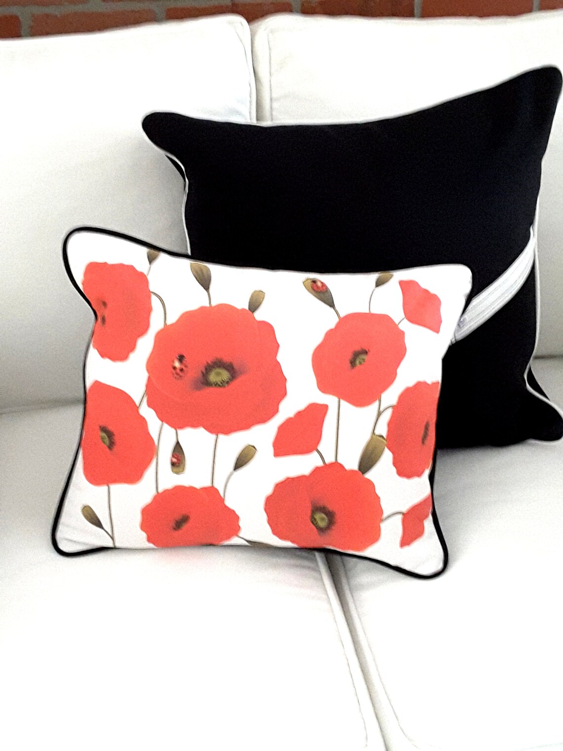 Red Poppy Pillow Cover on White Denim with Black Trim | Etsy