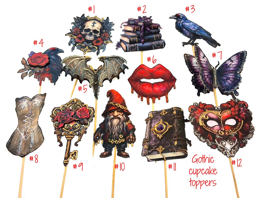 Gothic-style Cupcake Toppers Featuring Ravens, Gnome, Skull, Bat, Mask ...