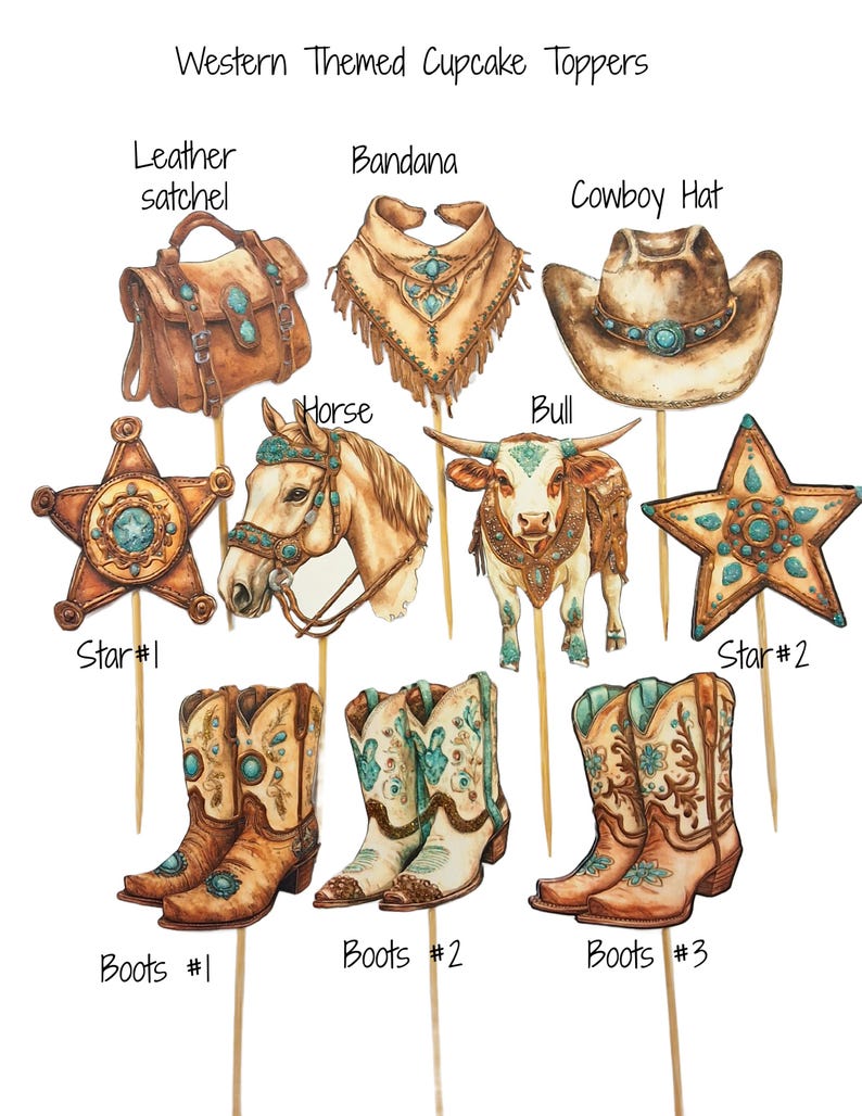 Western-themed Collection of Cupcake Toppers With Turquoise Trim, 10 ...