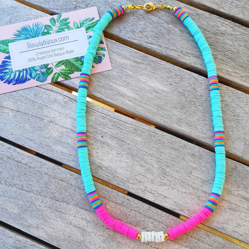 Collier surfeur heishi turquoise rose fluo coquillage perles dorées 24k ...