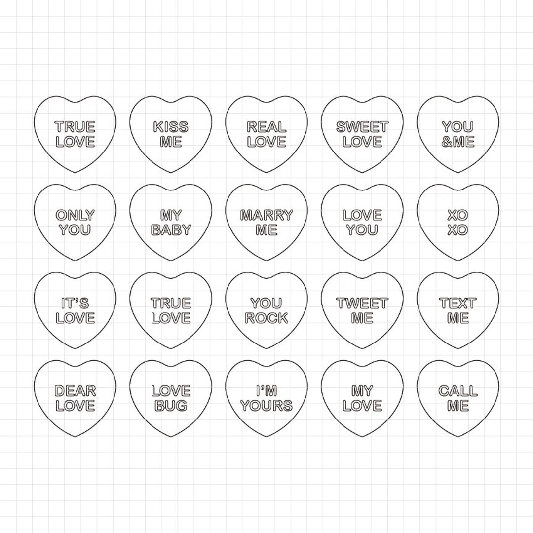Conversation Hearts Digital Stamp, Graphics, Black and White Clipart ...