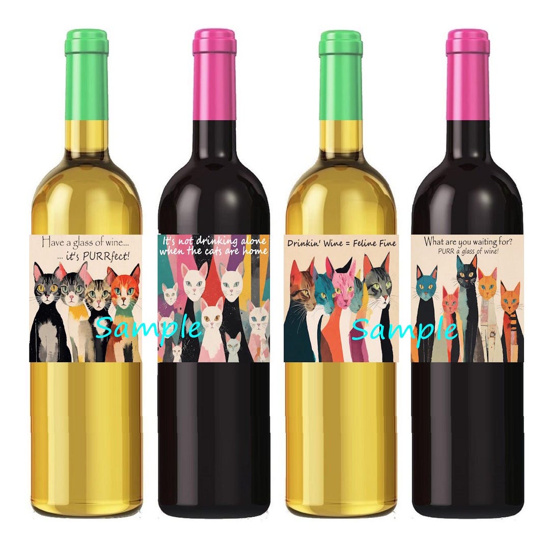 Funny CAT Inspired Wine Labels, INSTANT Download, Retro Art Deco Easy ...