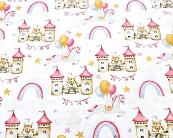 Princesses Fabric Princess Unicorn and Fairy Land Castle Magical Print ...