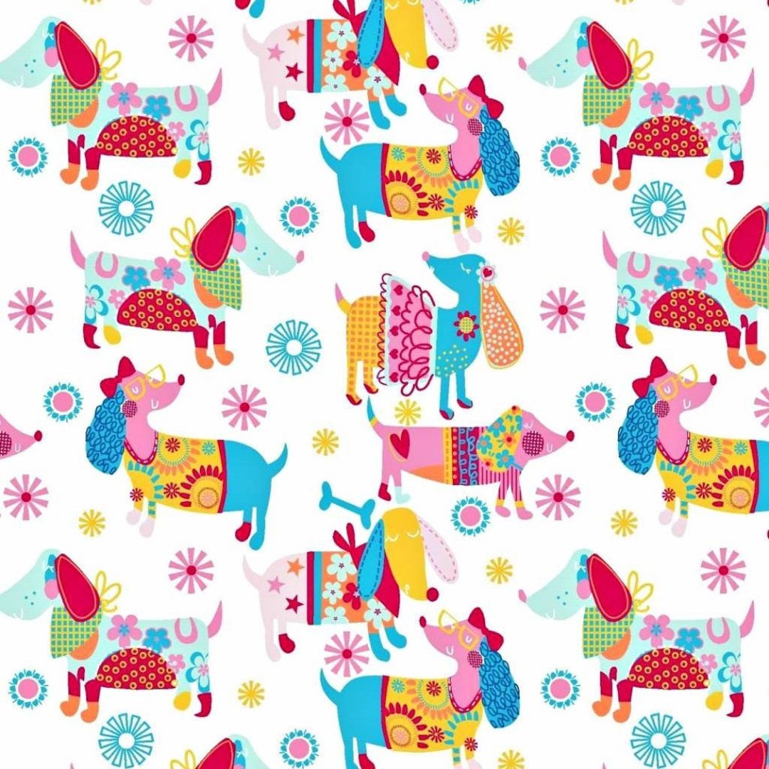Dachshund Dog Cotton Fabric by the Yard, Doxie Fabric, Multicolored ...