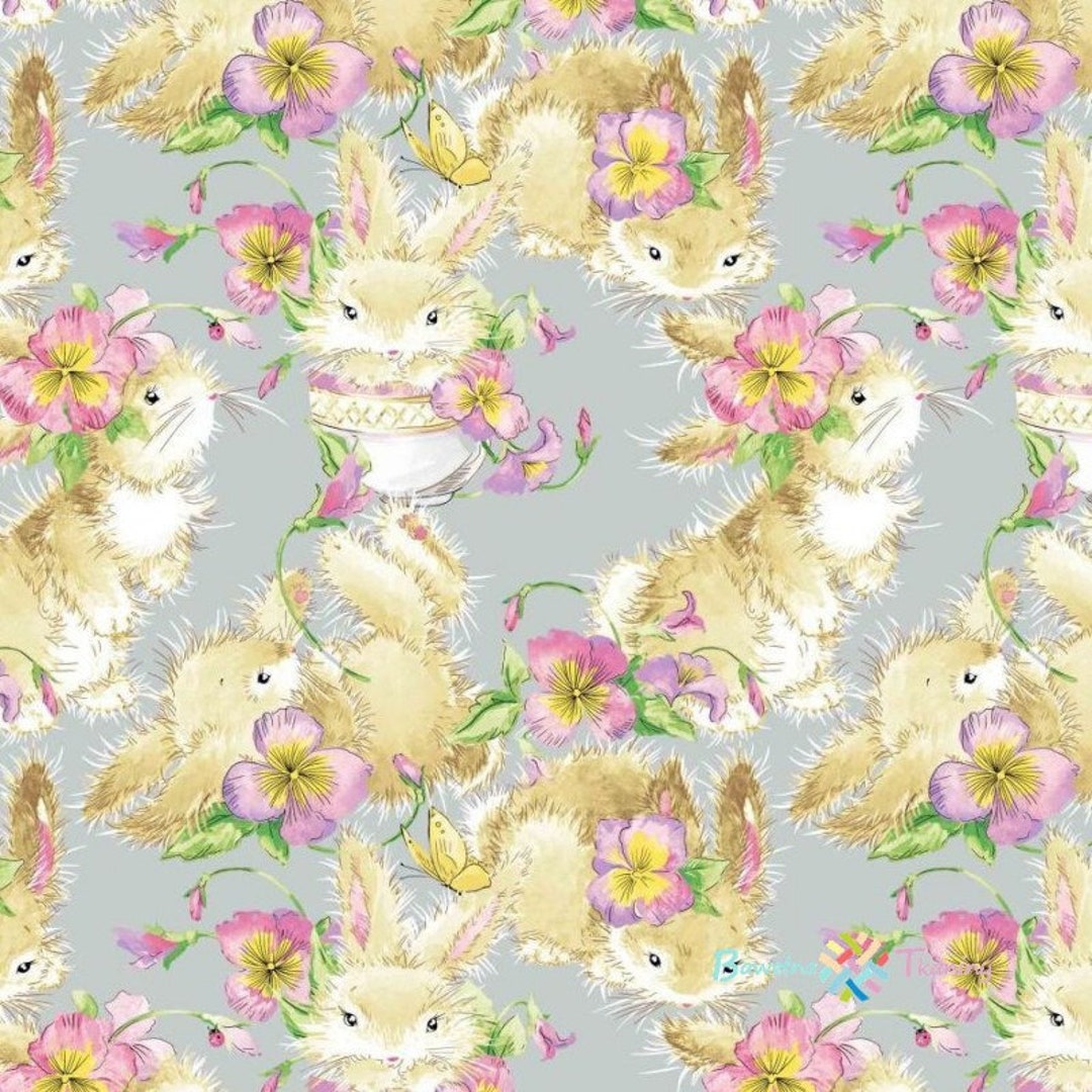 Rabbits Fabric,bunny Rabbit Fabric,bunnies and Flowers Fabric,fabric by ...
