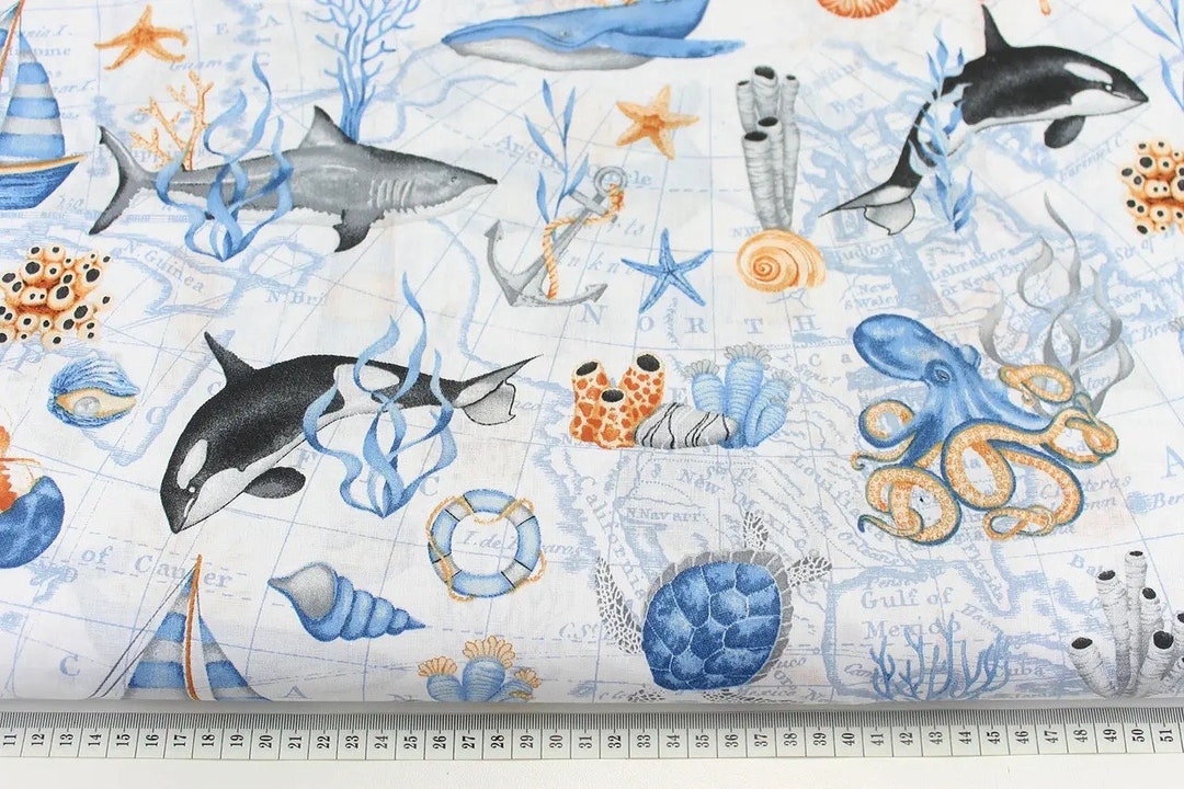 Sea Animals Map Cotton Fabric,oceans and Marine World Map , Fish Fabric ...