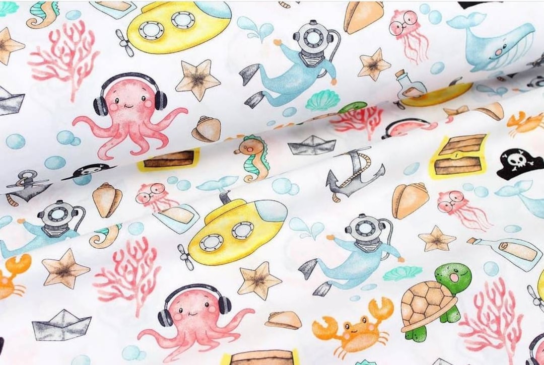 New! Sea Life Cotton Fabric Ocean and Marine Fabric Baby Fabric Sea ...