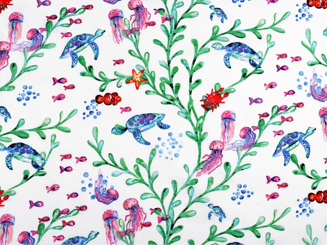 Sea Life Cotton Fabric Ocean and Marine Fabric Sea Turtles Fabric Fish ...