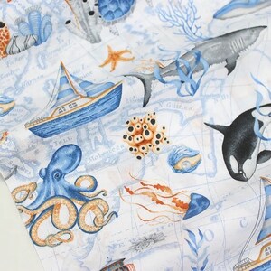 Sea Animals Map Cotton Fabric,oceans and Marine World Map , Fish Fabric ...