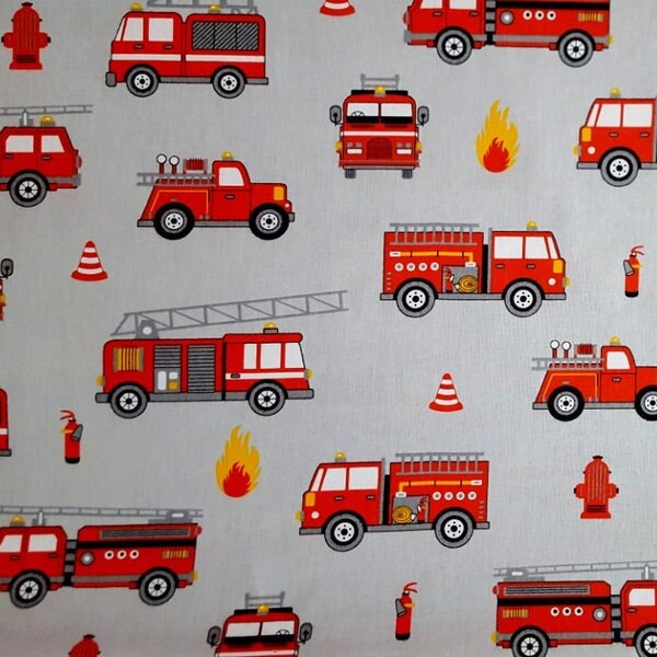 Gray Fire Truck Print Fabric - Etsy