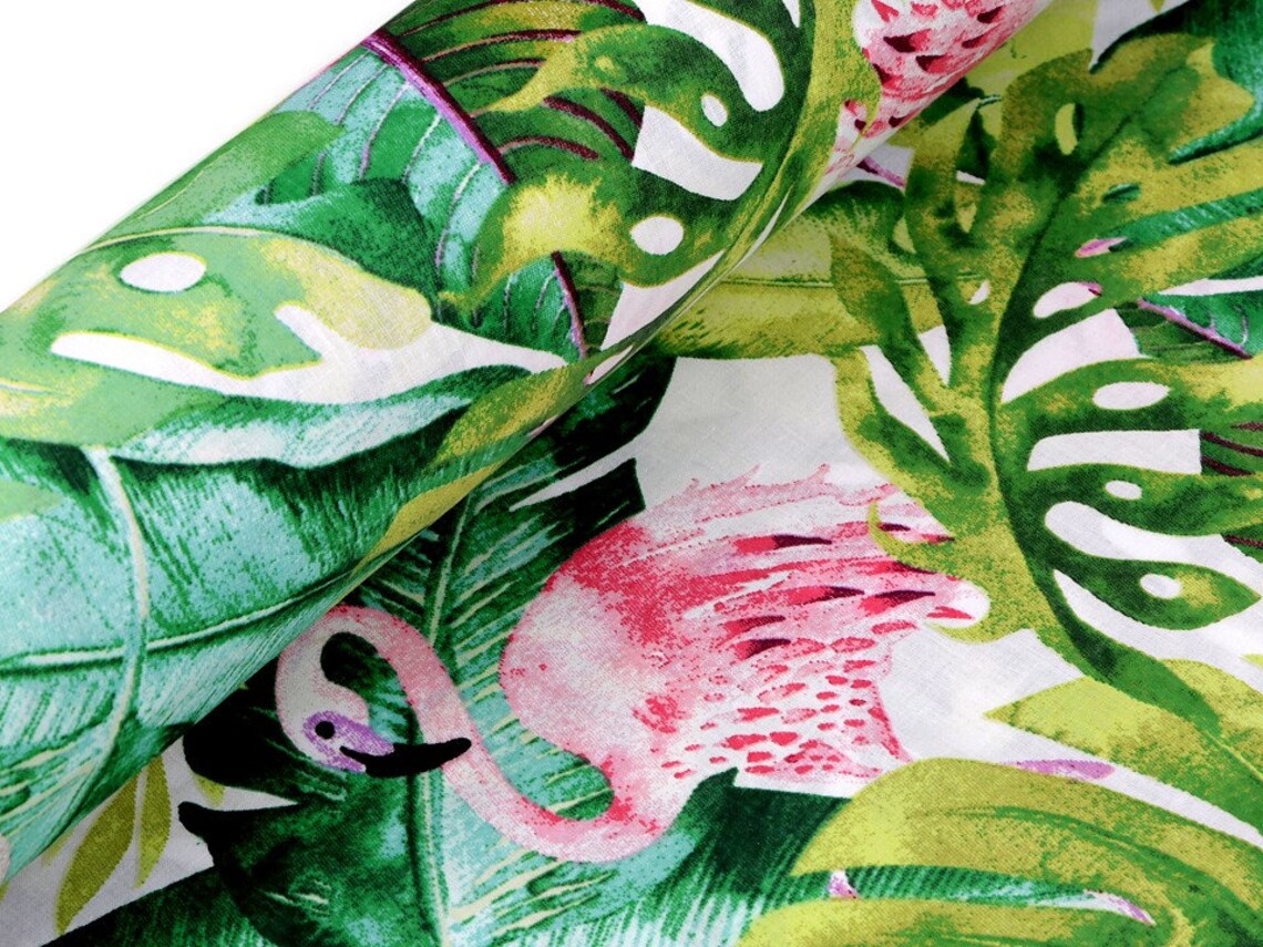 Flamingos Cotton Fabric Flamingo Fabric by the Yard Monstera - Etsy