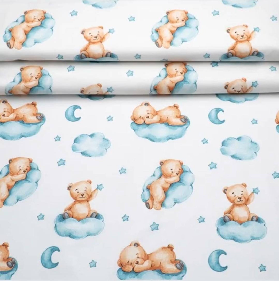 Bears Cotton Fabric by the Yard, Extra Wide 94" 240cm, Bears on Clouds ...