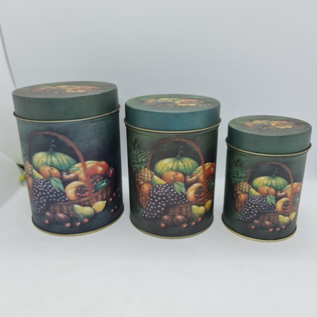 Tin, Metal Tins Set of 3 Round Green Fruit Design Canisters Country ...
