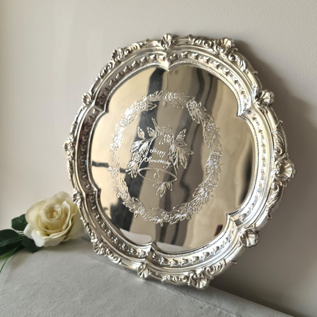 Silver Tray, Ranleigh Vintage Round Silver Plated Etched Happy ...