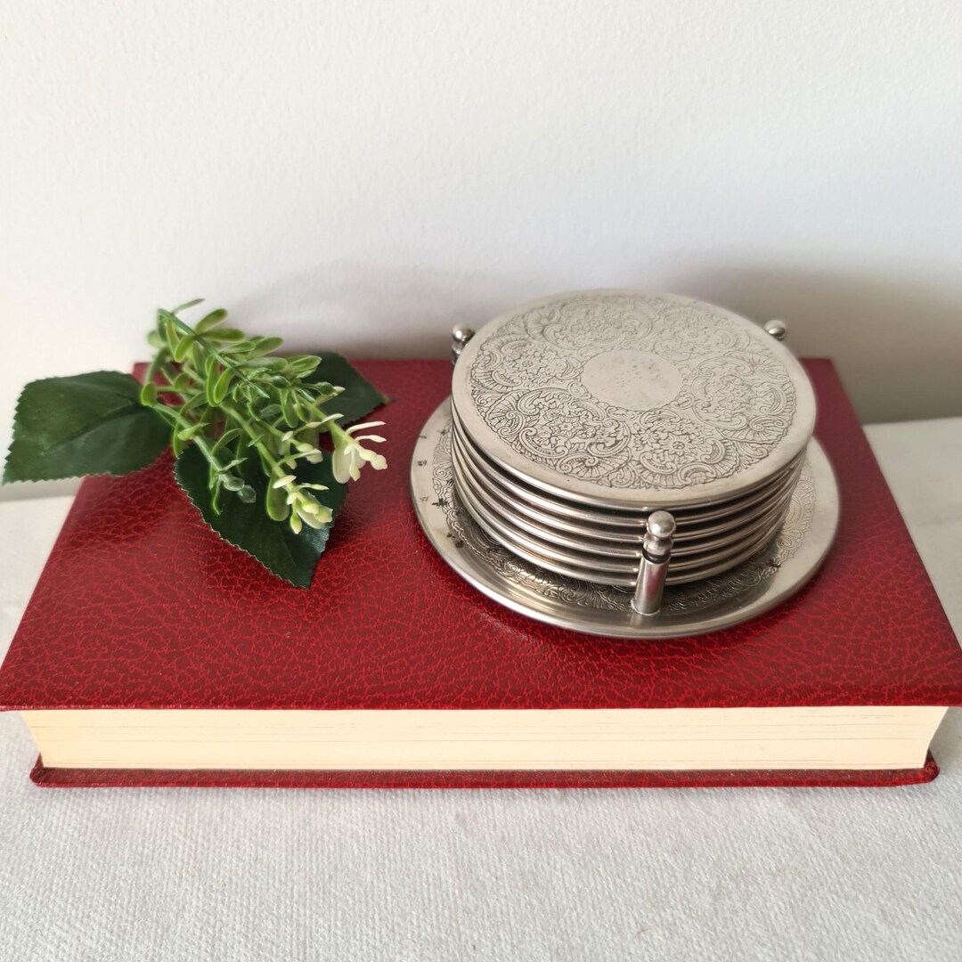 Silver Plated Coasters & Stand, Rare Set of 6 Vintage Coasters, Etched ...