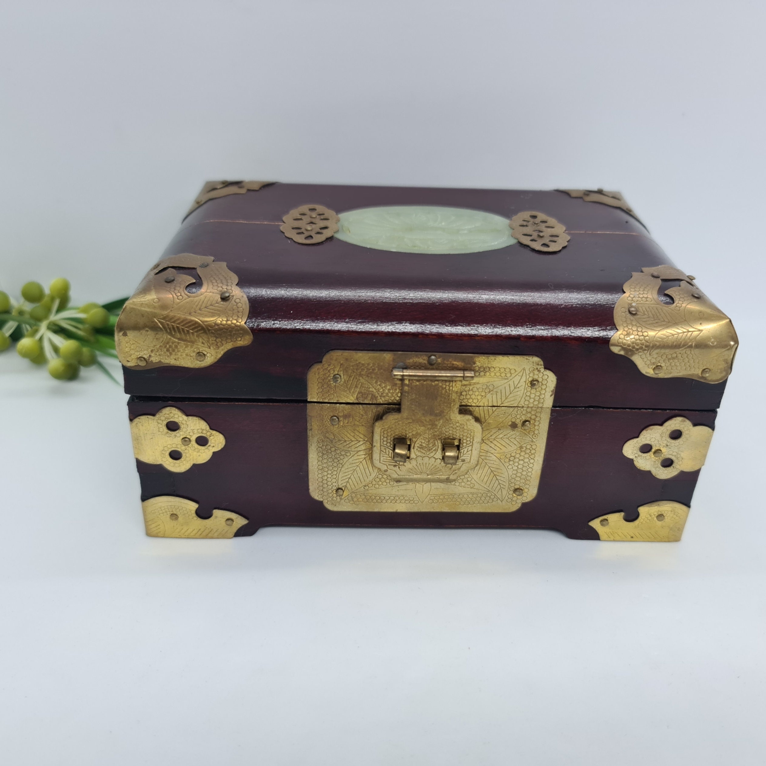 Box, Rosewood, Jade & Brass Jewellery Box, Chinese Vintage Padded Silk ...