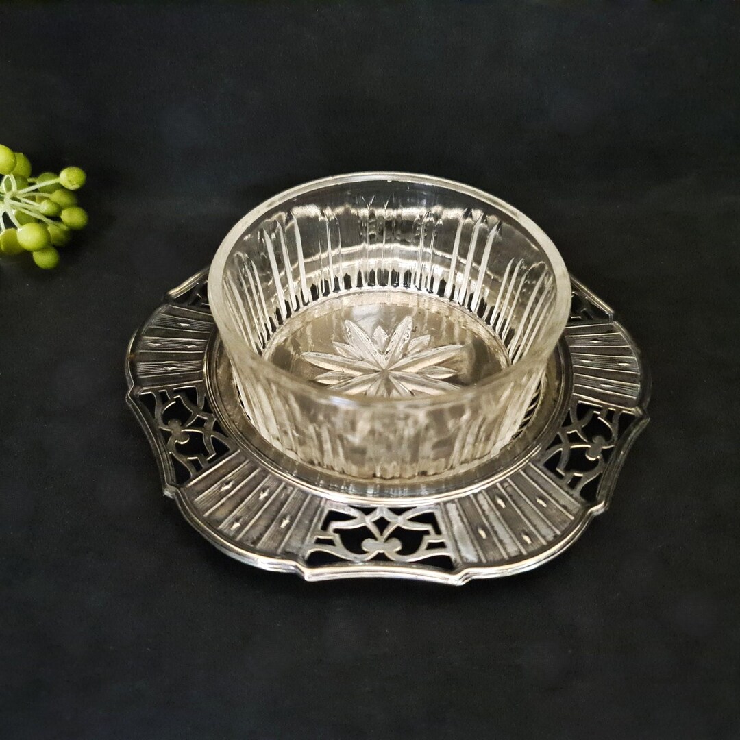 Silver Caviar Dish, Hexagonal Vintage Silver Plated Tray & Glass Butter ...