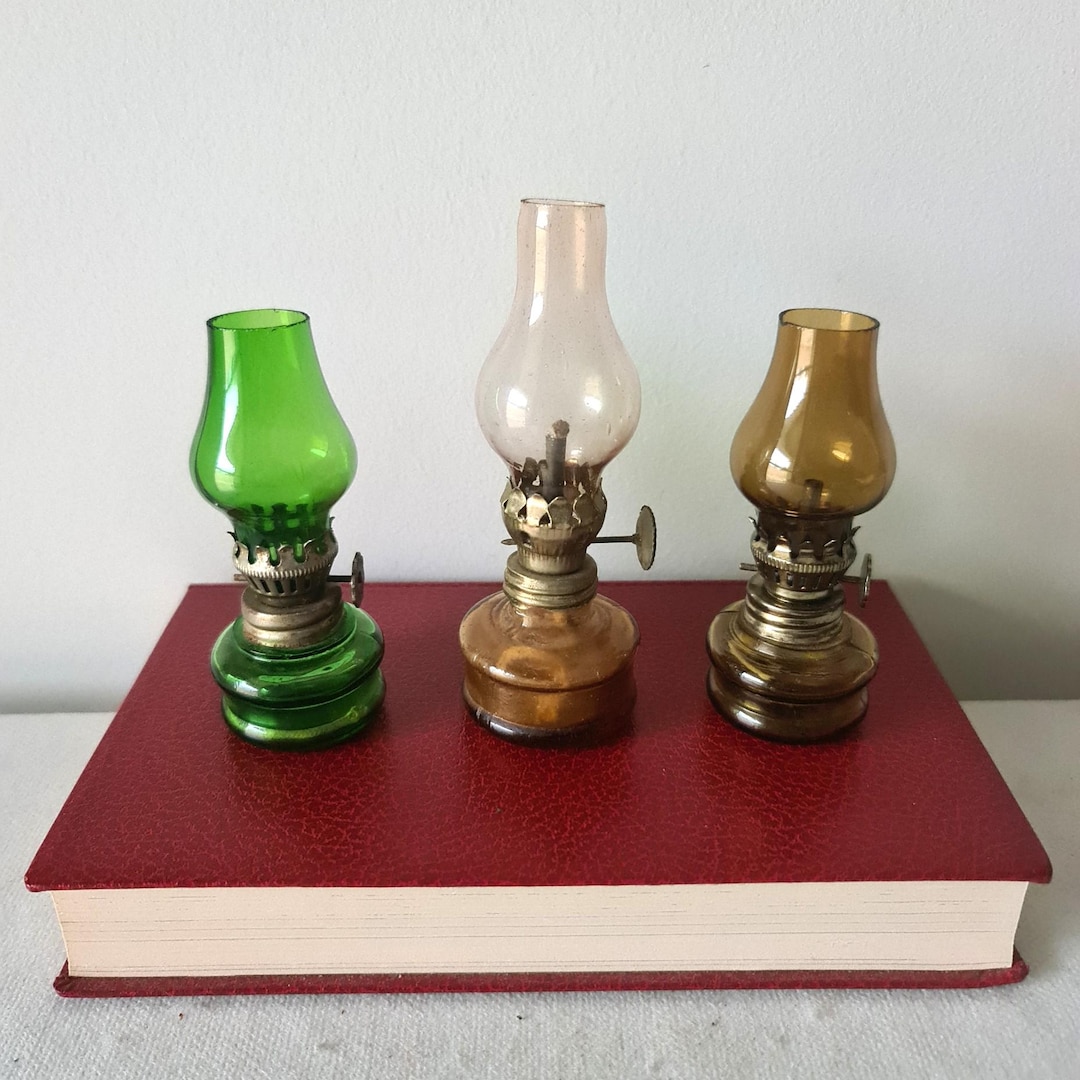 Miniature Oil Lamps, Rare Vintage Green, Amber Glass Kerosene Mini ...