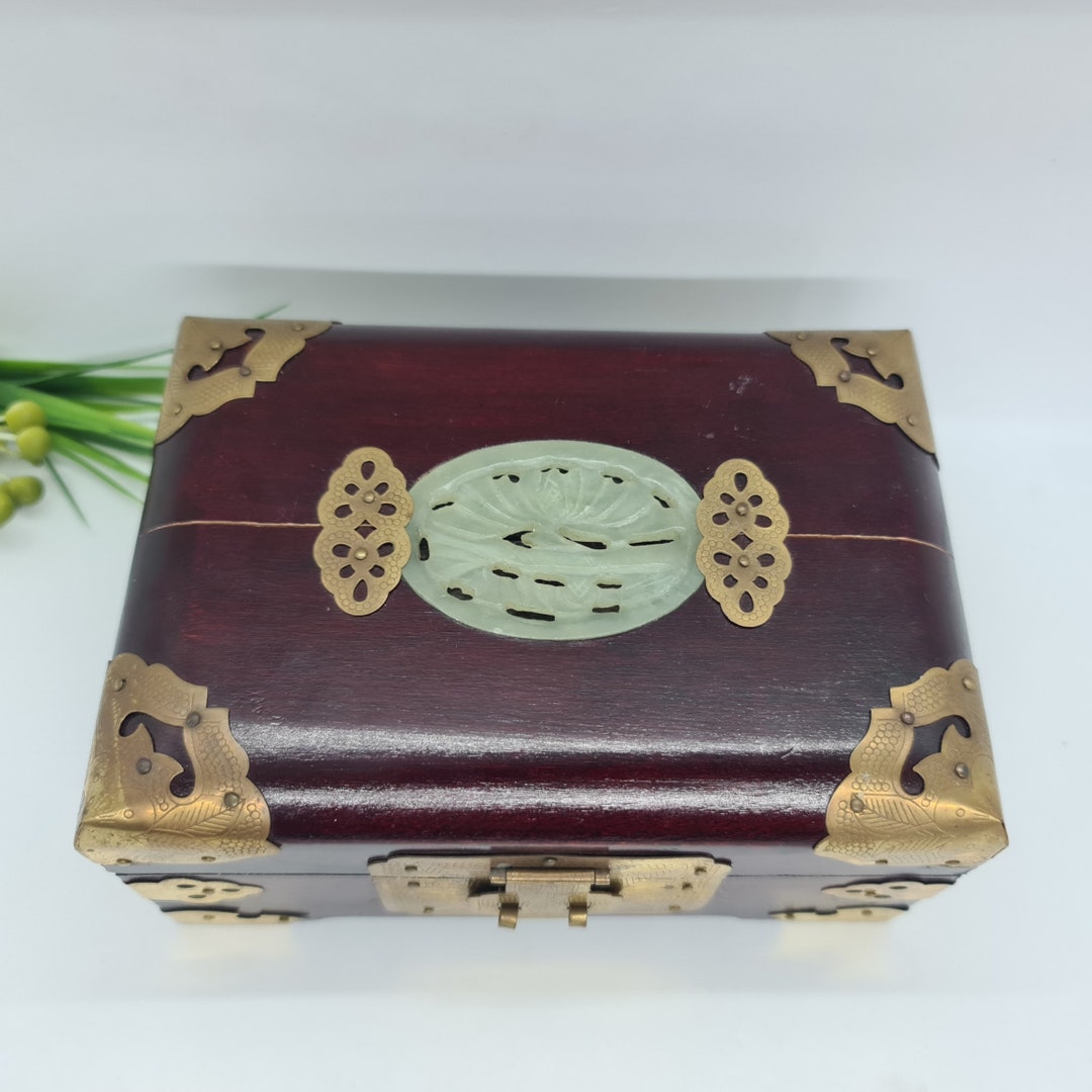 Box, Rosewood, Jade & Brass Jewellery Box, Chinese Vintage Padded Silk ...