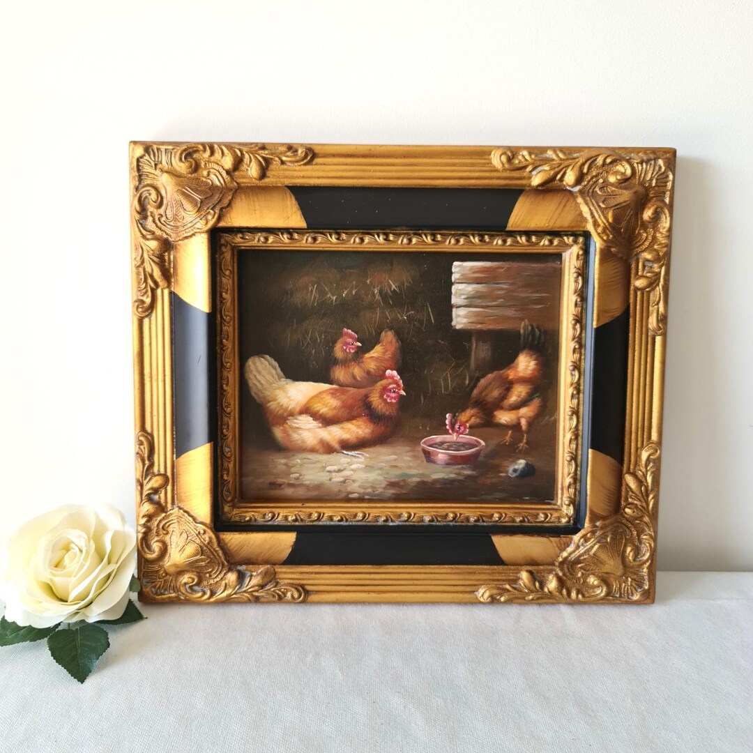 Oil Painting, Farm Chickens Oil Painting, Vintage Farmhouse, Country ...