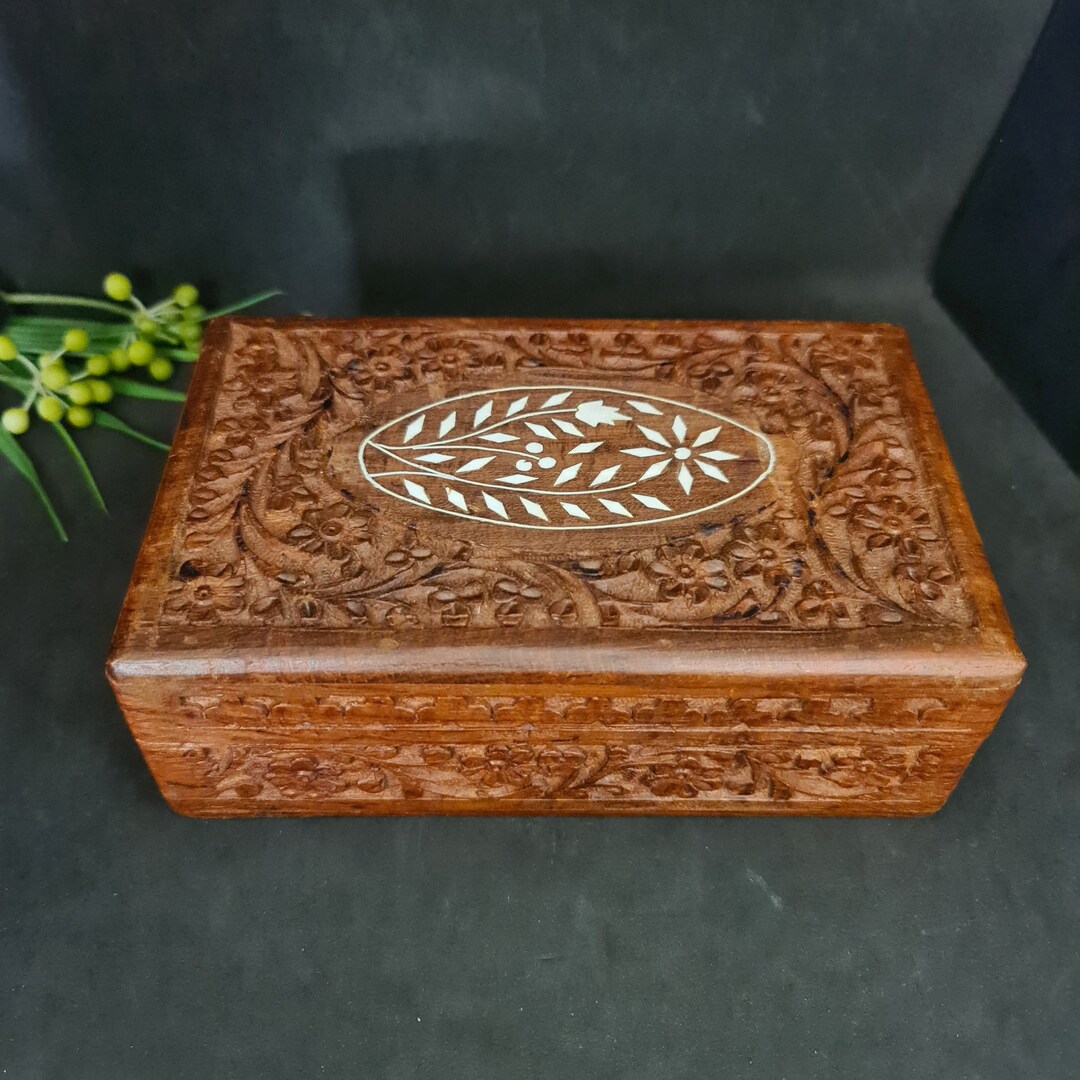 Timber Jewellery Box, Vintage Trinket Lidded Box, Hand Carved Wood Box ...