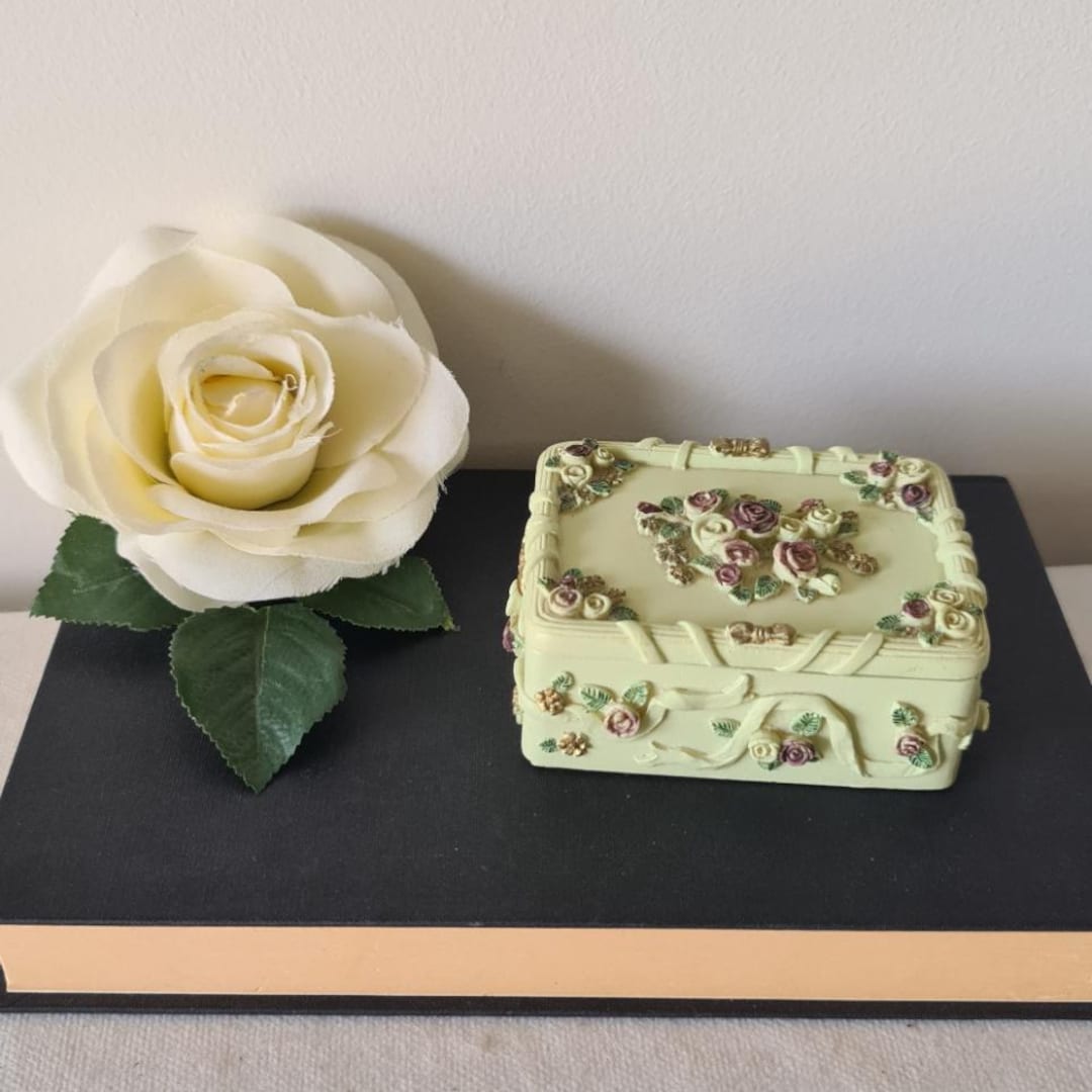 Jewellery Box, Light Green Roses Design Jewel Box, Vintage Small ...