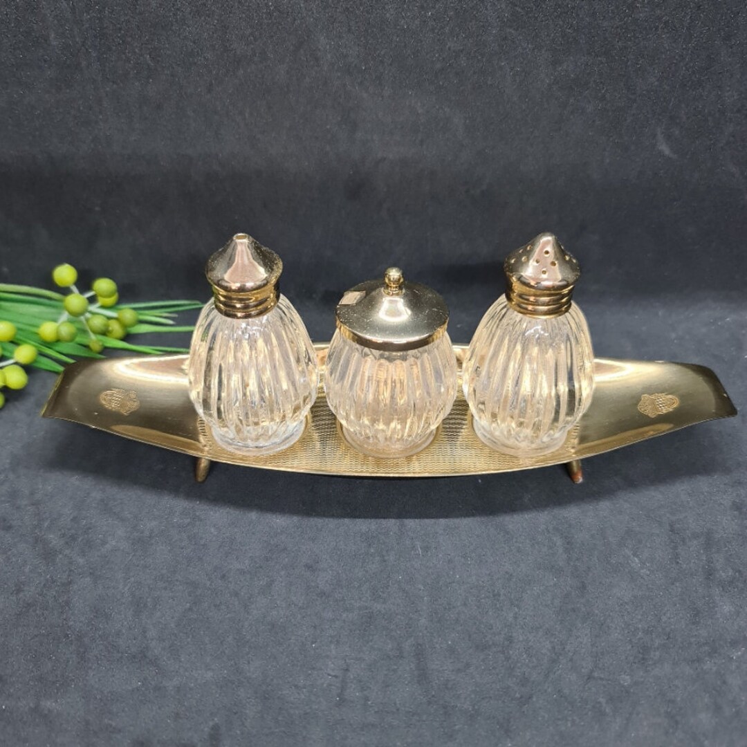 Gold Cruet Set, Golden Age Mustard, Salt, Pepper Shaker, Brass & Glass ...