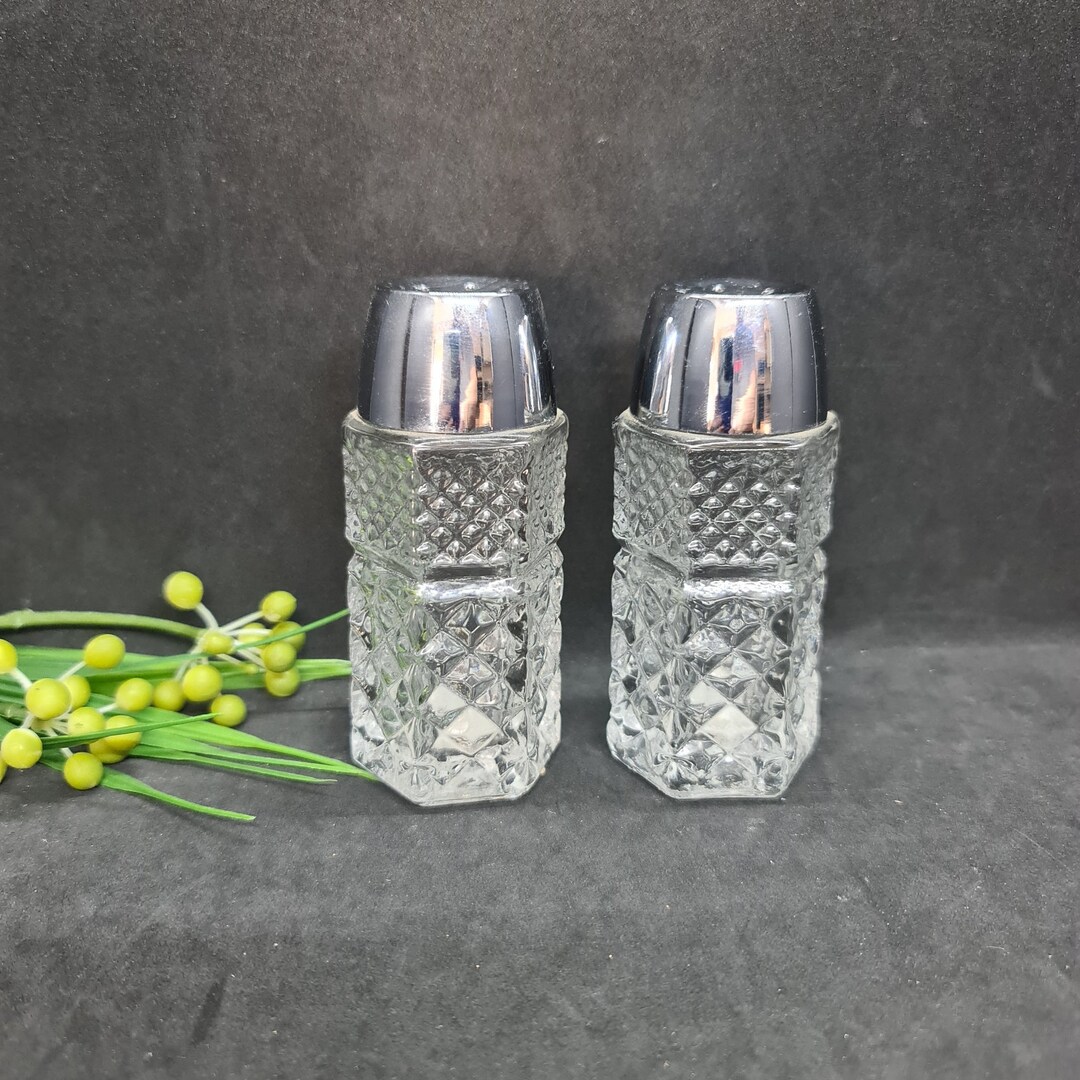 Anchor Hocking Salt and Pepper Shakers, Hexagonal Vintage Cut Glass Mid ...